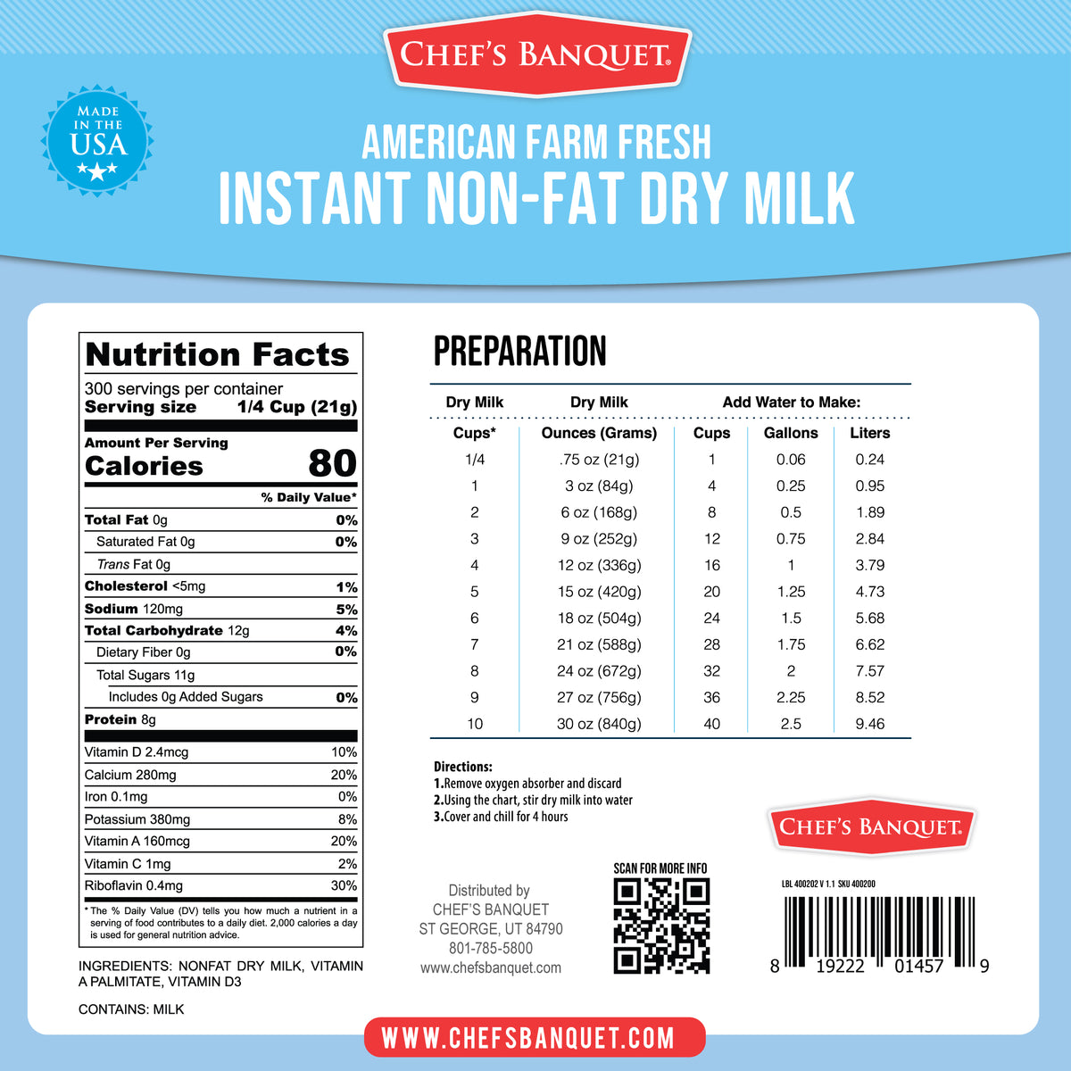 Chef's Banquet Fortified Instant Nonfat Dry Milk (300 Servings) | Chef ...