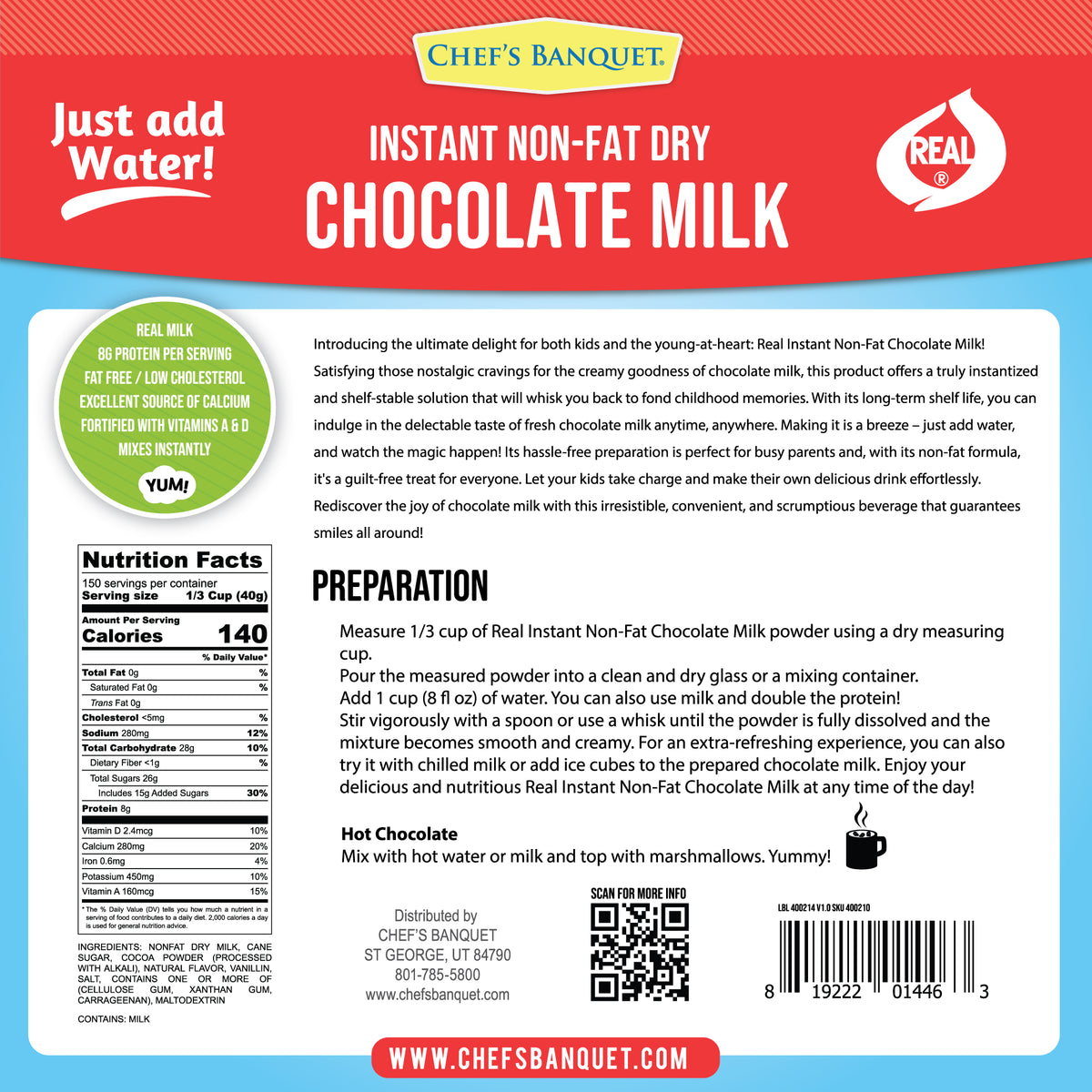 Chef's Banquet Instant Non-fat Real Chocolate Milk Kit (150 Servings ...